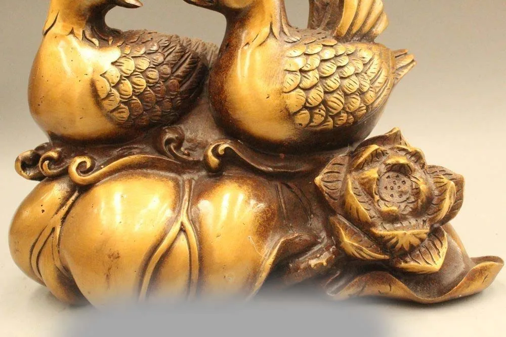 10" Chinese Folk Brass Cute Male Female Mandarin duck Bird Lotus Flower ...