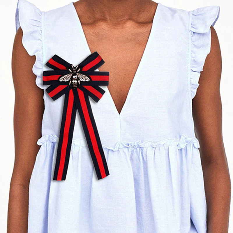 New Bow Crystal Women Brooches Pins Fabric Bowknot Ties Necktie Corsage