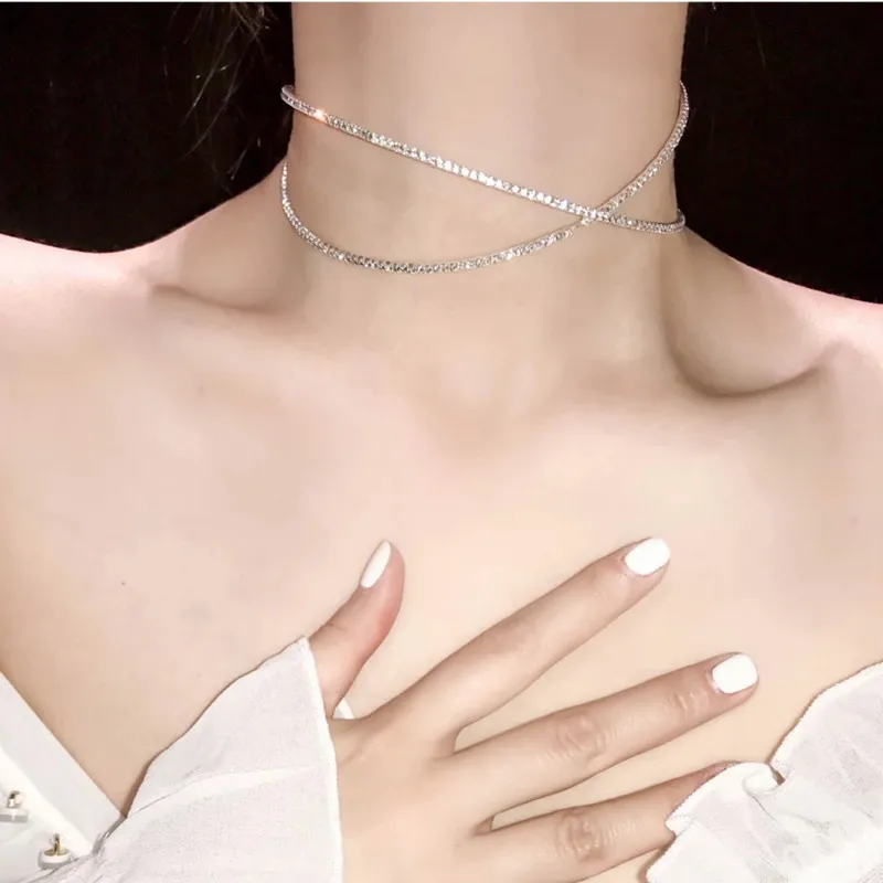 Sexy Double Layer Crystal Rhinestone Choker Necklace For Ladies Bridal