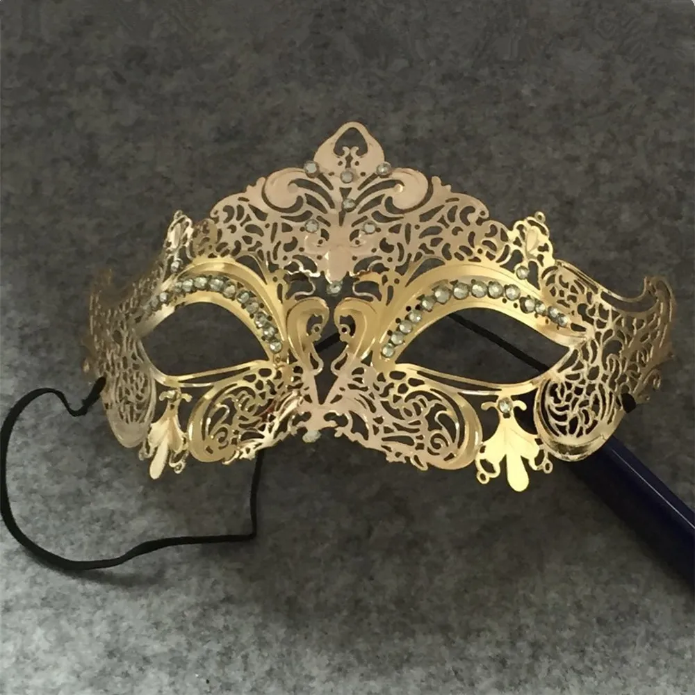 Golden Venice Laser Cut Metal Mask With Rhinestone Hollow Out Half Face ...