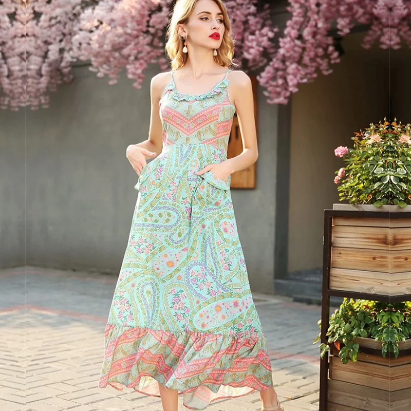 2018 Women Dress Elastic Waist Open Back Sexy Bohemian Dresses Summer Print Sleeveless Ruffle