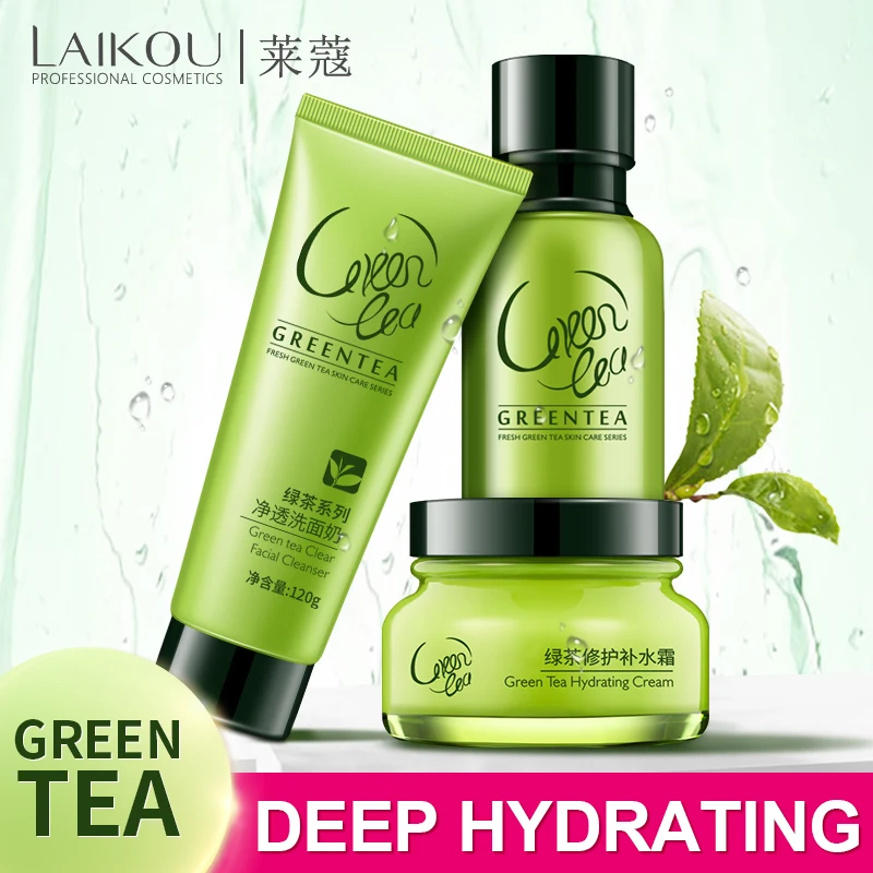 Laikou 녹차 스킨 케어 세트 3 개 클린 페이셜 클렌저 모이스춰 라이징 로션 하이 드레이팅 페이스 크림 화이트닝 안티 링클