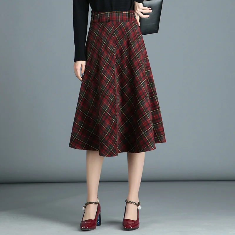 2018 Autumn Winter Women Skirt High Waist Red Plaid A Line Skirt Plus