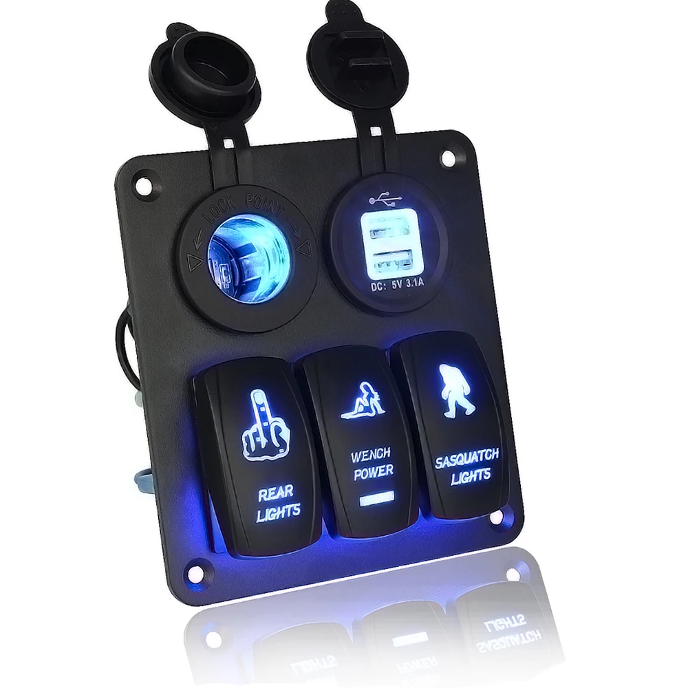 Marine/Boat Car Switch Panel 3 Gang with Cigarette Socket and Dual USB ...