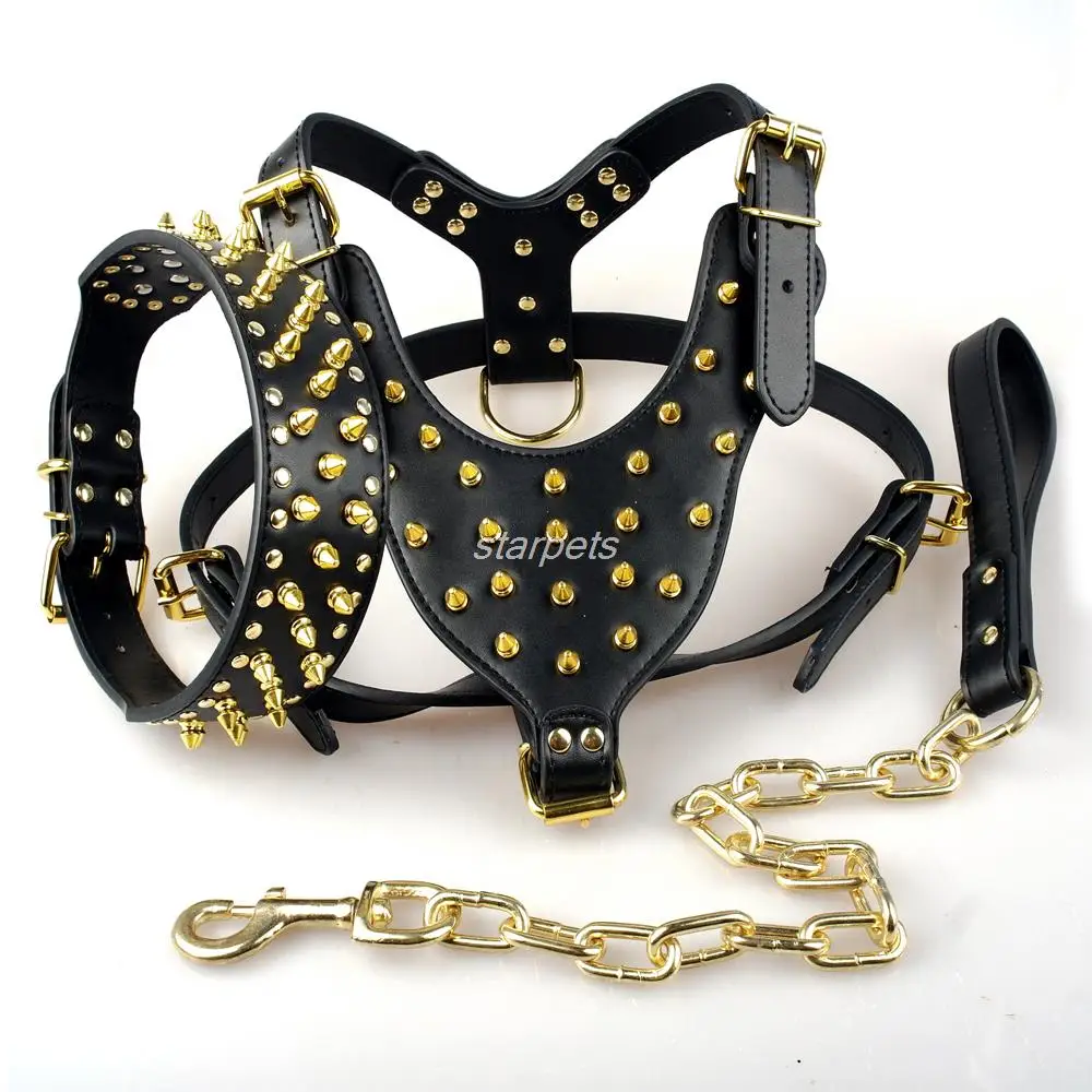 Cool Spiked Studded Leather Dog Harness Rivets Collar and Leash Set For ...