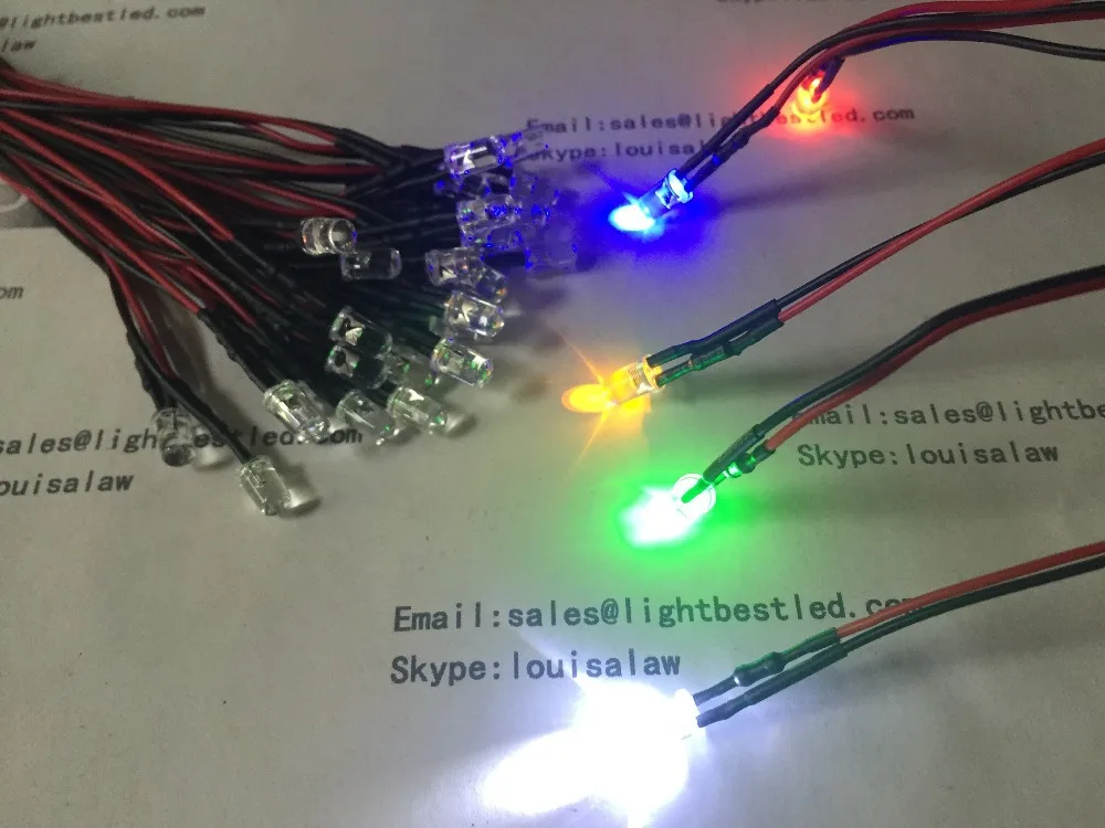 50 X 5MM LED Pre Wired Resistor 12V 10X Each color Red Blue Green ...