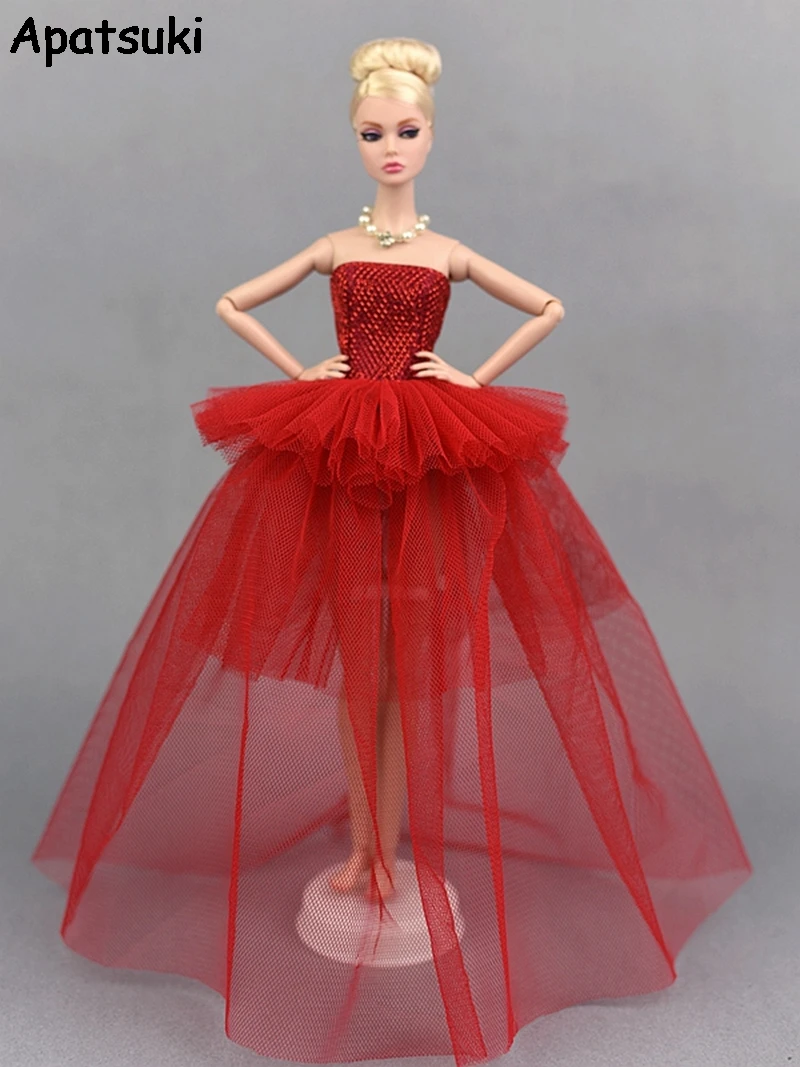 Chinese Red Party Dress For Barbie Doll Clothes Vestidoes Multi Layer
