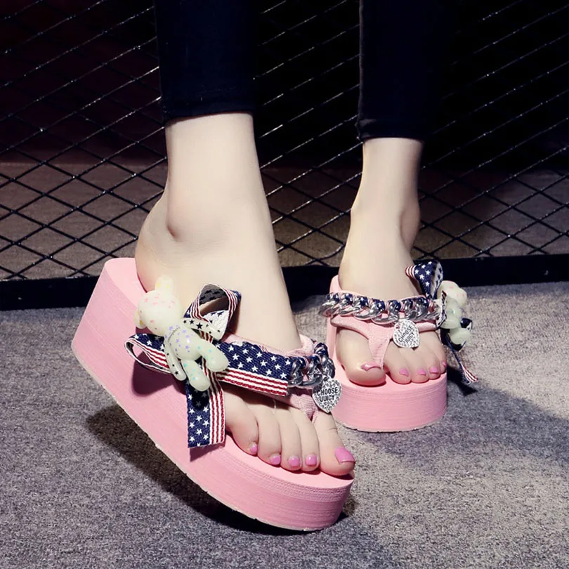DIY Handmade Cute Bear Flip Flops Women Bohemia Beach Flip Flops Wedges ...