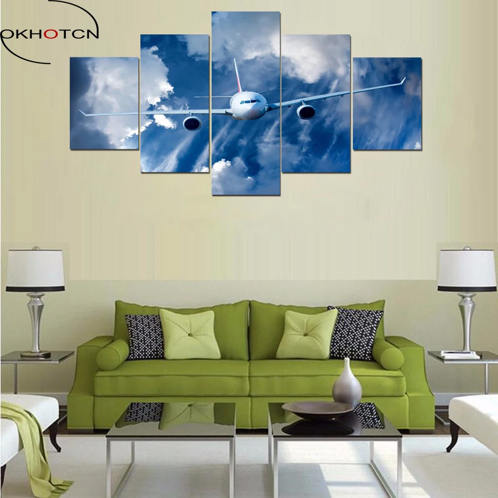 Okhotcn Framed 5 Panel Painting Airplane Aircraft Blue Sky Model Wall ...