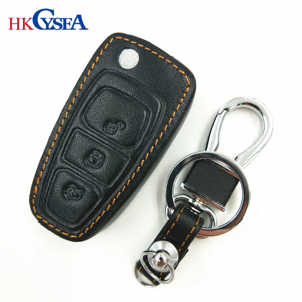 HKCYSEA For Ford New Focus Leather Car Key Holder Cover 3 Buttons Smart ...