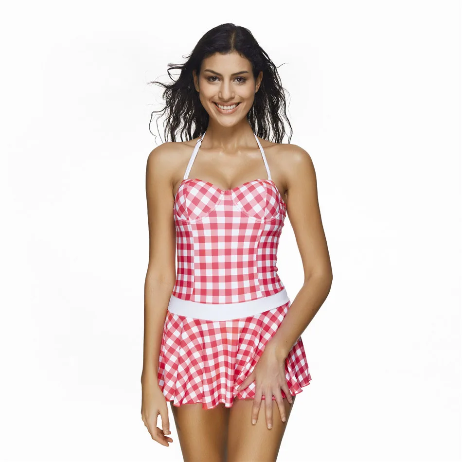 Tcbsg Pink Skirt Bikini One Piece Swimsuits For Women Plaid Plus Size