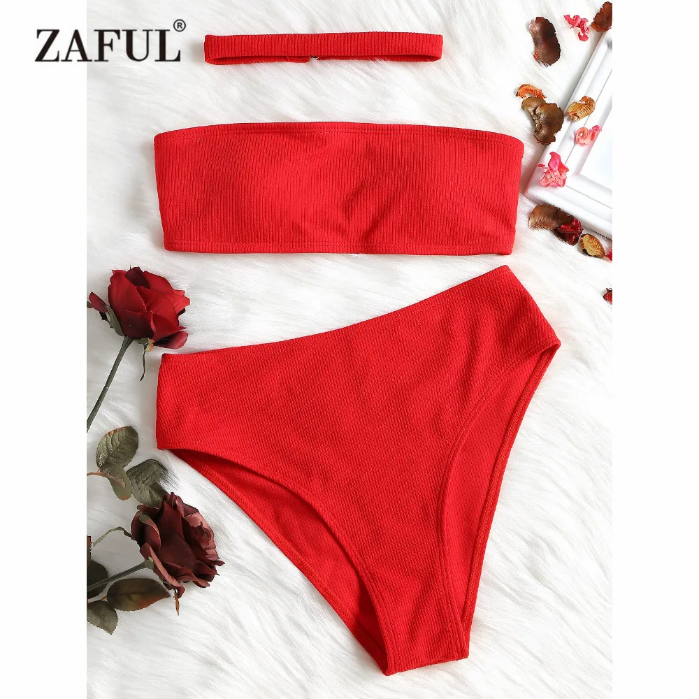 Zaful Bandeau Chocker Bikini Sexy Lace Up Swimwear Women High Waist