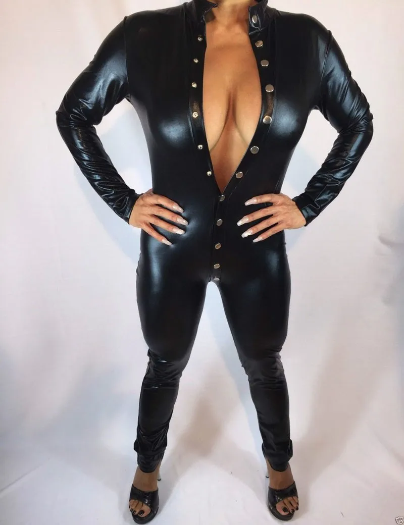 Black Faux Leather Hot Sexy Women Catsuit Front Button Jumpsuit Fetish