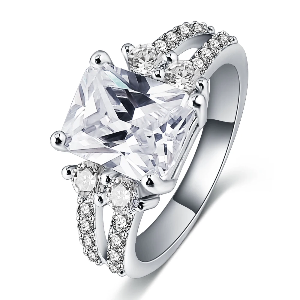Geometric Square Shape Stone Ring White Gold Color Micro Inlay Cubic