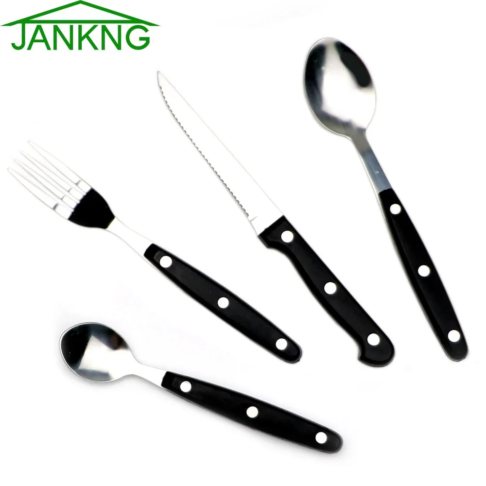 JANKNG 4Pcs Black Stainless Steel Dinnerware Set Plastic Handle Cutlery ...