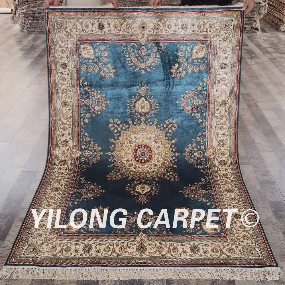 Yilong 4'x6' persian silk rugs china blue handknotted handmade pure ...