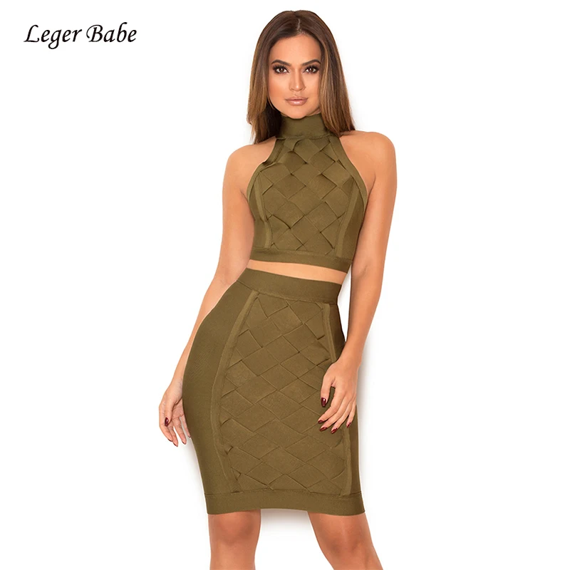 2018 Bandage Dress Green 2 Two Piecce Set Sexy Halter Sleeveless Short