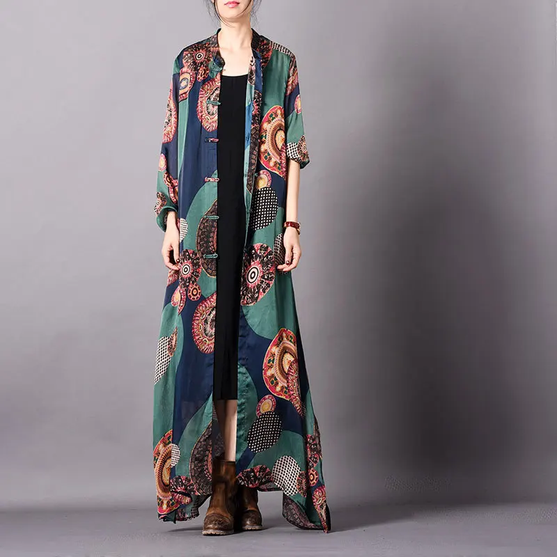 Women Spring Summer Printed Loose Long Coat Ladies Silk Plus Size Retro ...