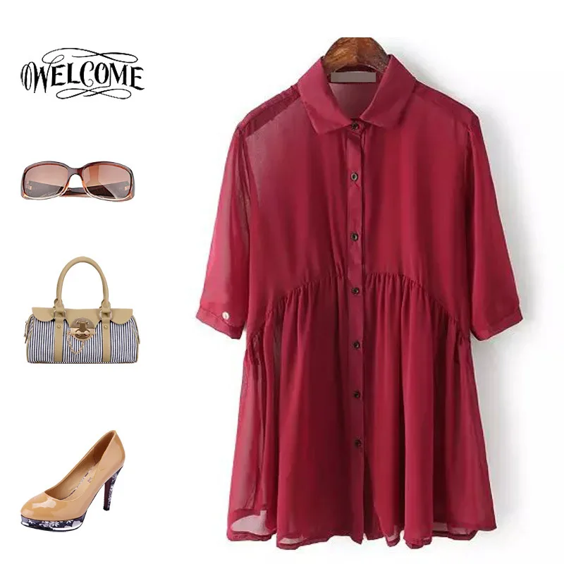 2015 new summer ladies candy color shirt Lapel doll perspective loose ...