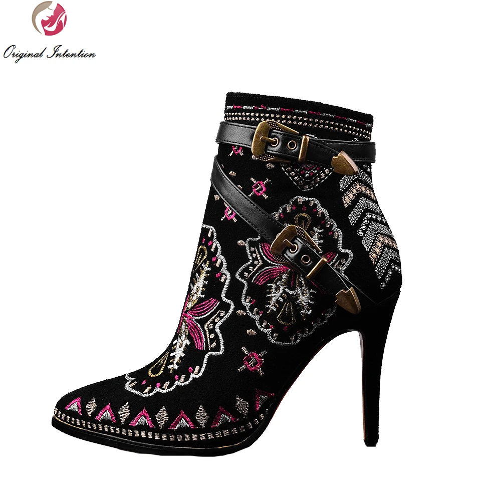 Original Intention Super Fashion Women Ankle Boots Popular Embroidery