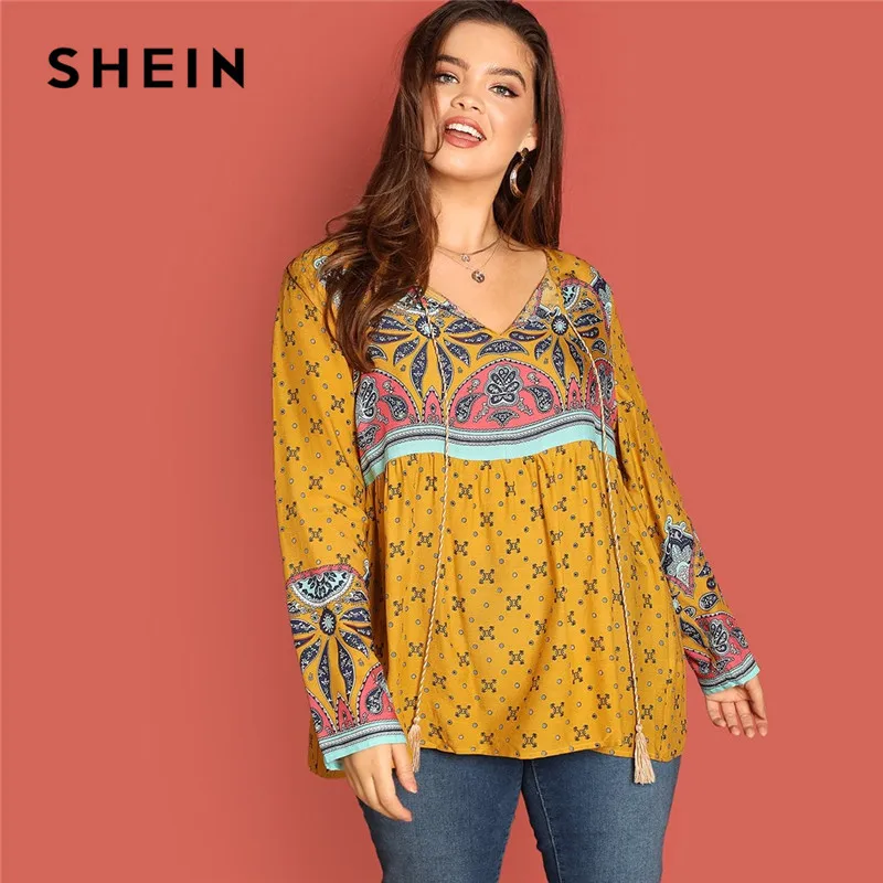 Shein Ginger Bohemian Tassel Tied Neck Mixed Print Plus Size Blouse