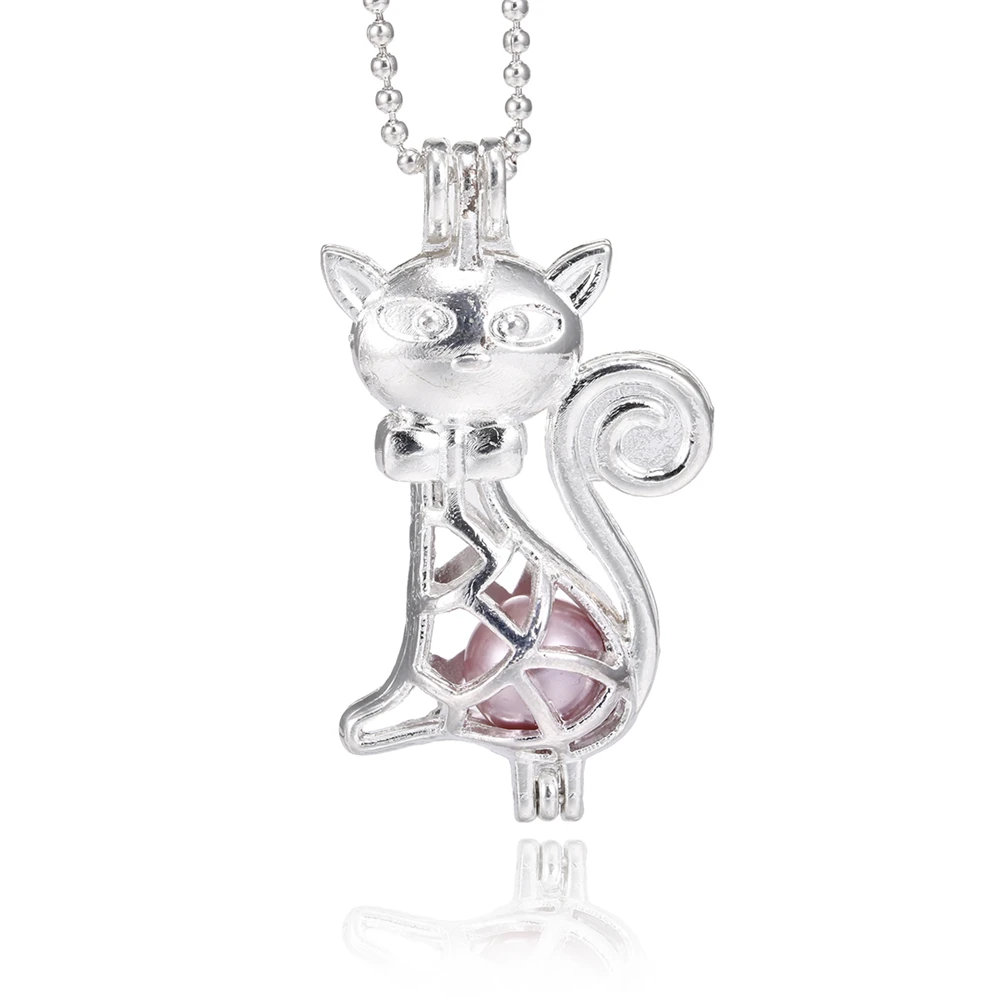 Silver Cute Cat Pearl Cage Necklace Bead Cage Locket Pendant Necklace ...