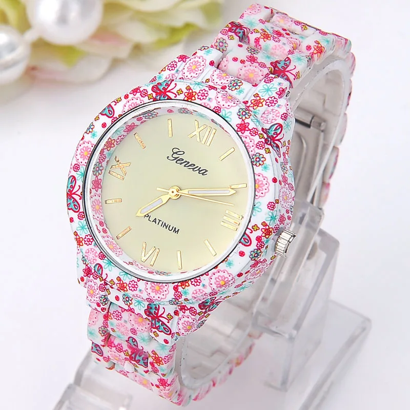 NEW Metal Head Printed Geneva Flowers Watch Women Print Plastic Band ...