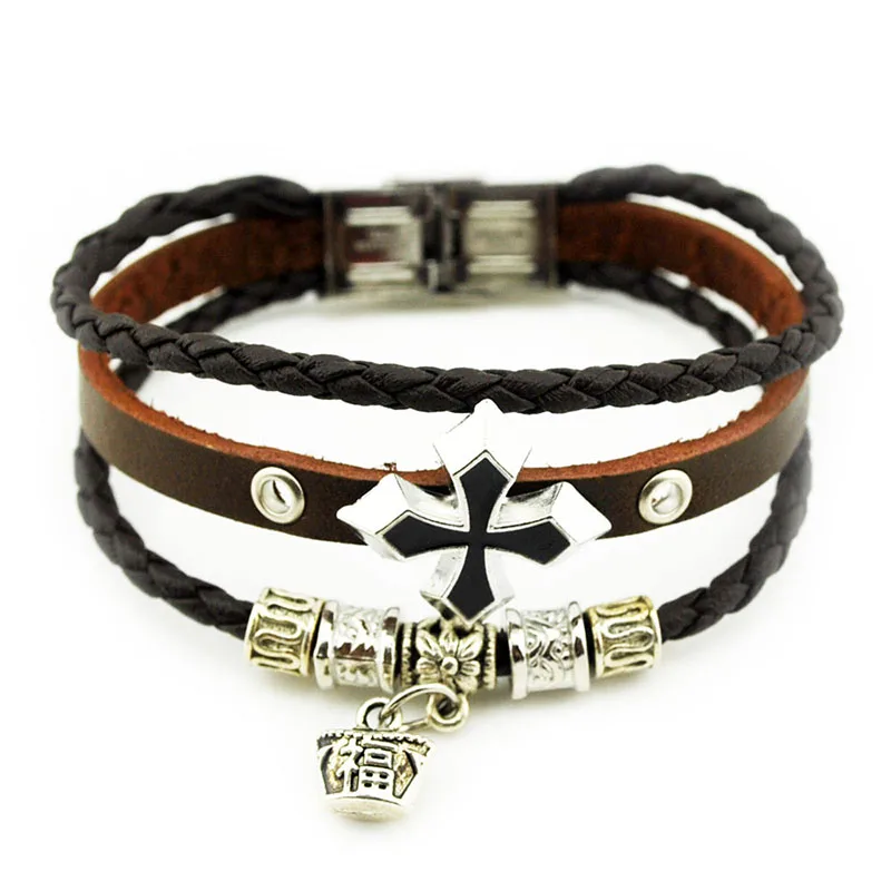 Men leather Bracelets Braided Chinese Word "Fu" Dangle Beads Charms ...