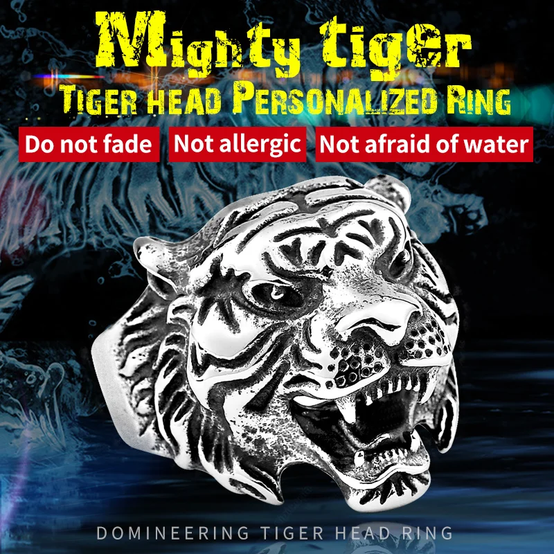 BEIER Stainless Steel Titanium Tiger Head Ring Men Personality Unique ...