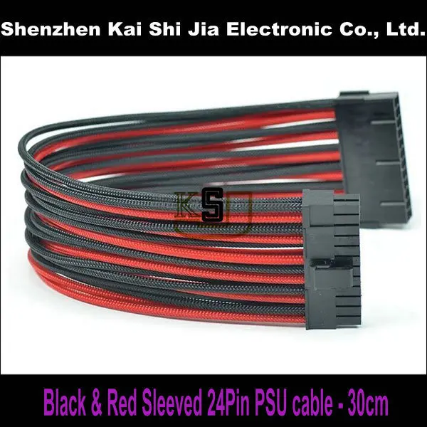 New Single Sleeved Black & Red PSU 24 Pin ATX Male to Female Power ...