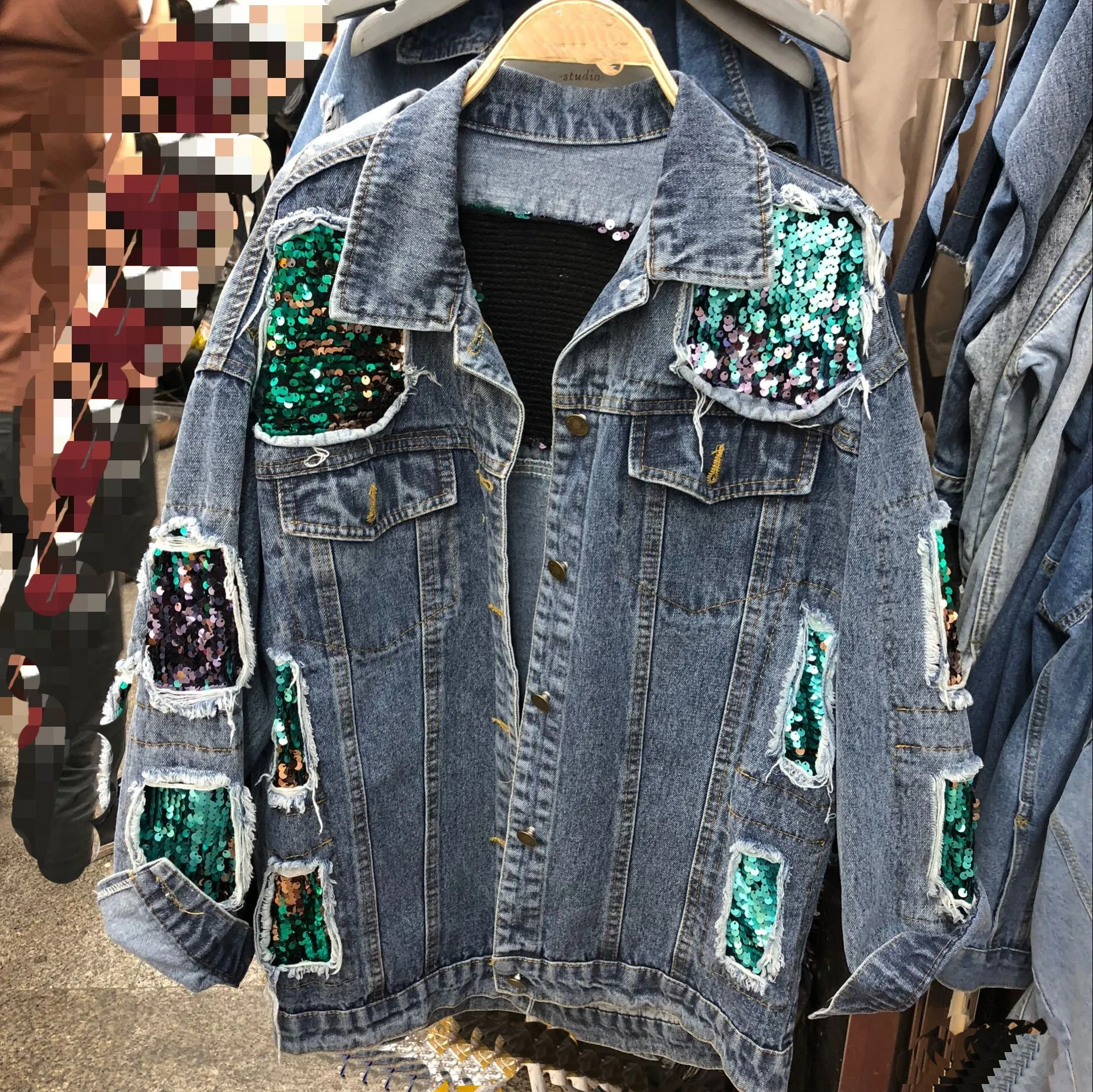 Harajuku Women Casual Denim Sequins Jeans Jackets Vintage Long Sleeve ...