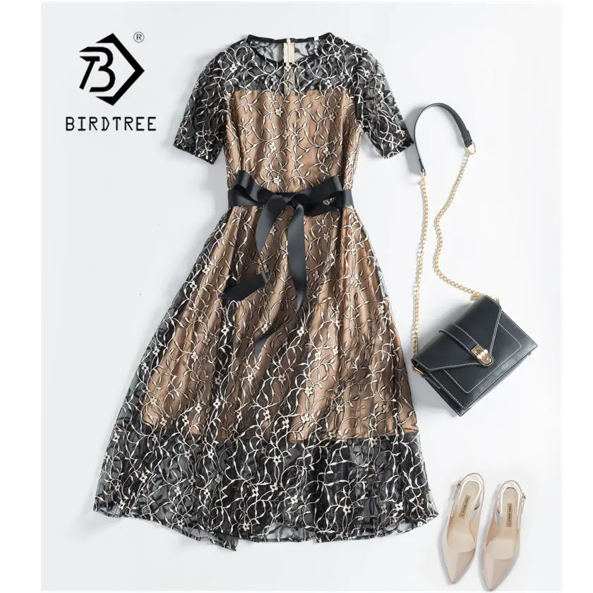 Women Lace Fake Two Pieces Embroidery Zippers Dresses Hollow Out ...