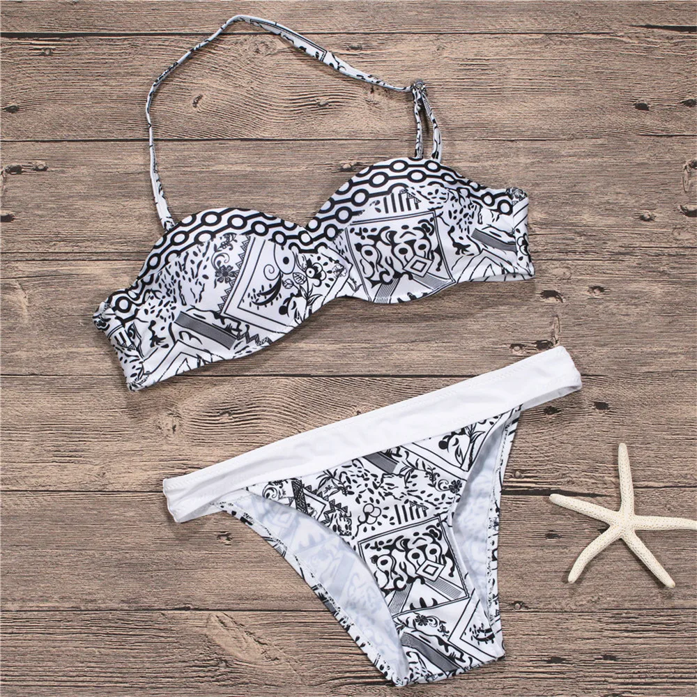 Geometric Print Bikini Set Womens Sexy Bikini Halter Push Up Padded