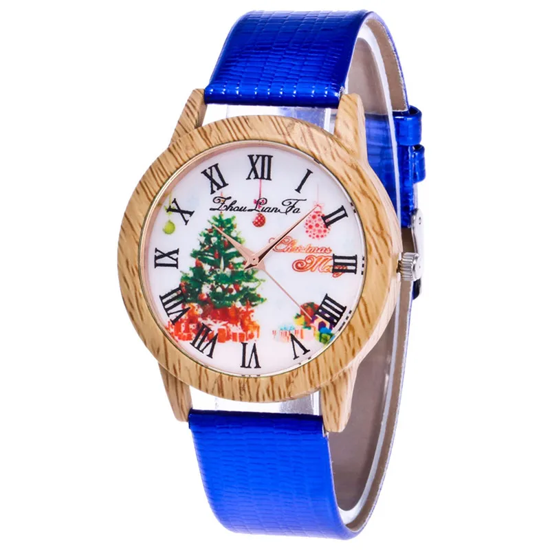 MJARTORIA Solid Leather Christmas Tree Watches Imitation Wood Dial ...
