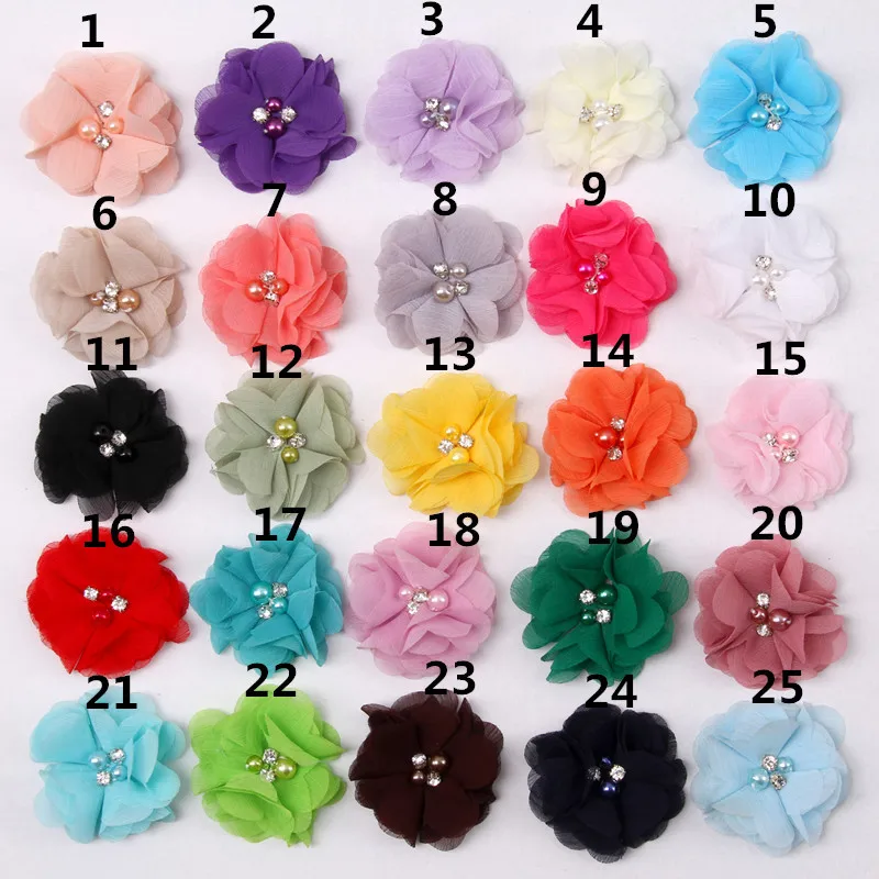 50 pcs/lot , 2" Chiffon Fabric Flower with Pearl Rhinestone Center Mini ...