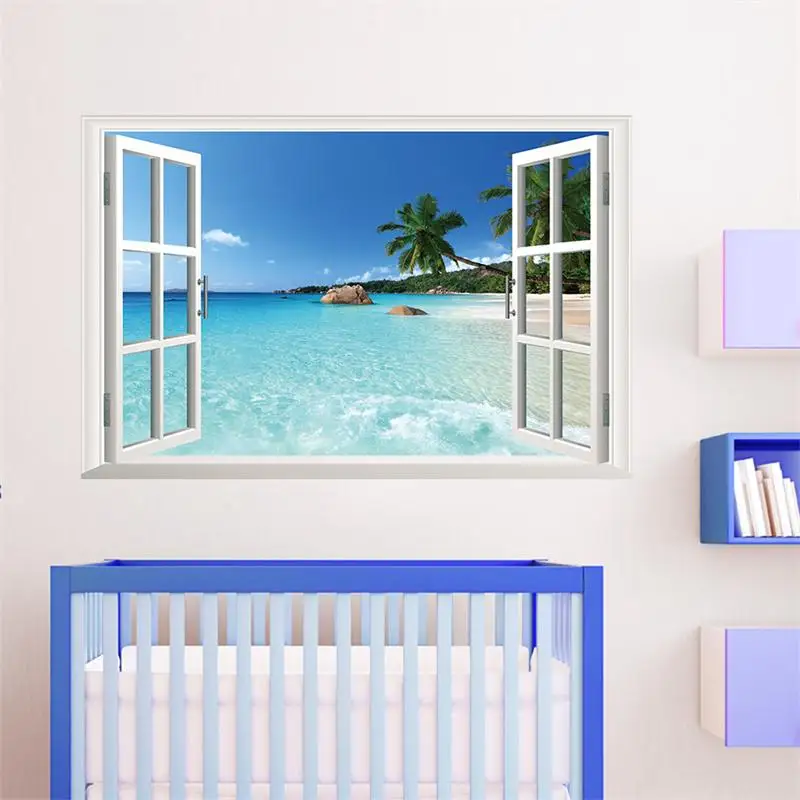 tropical ocean 3D window view home decor wall sticker blue sea sky ...