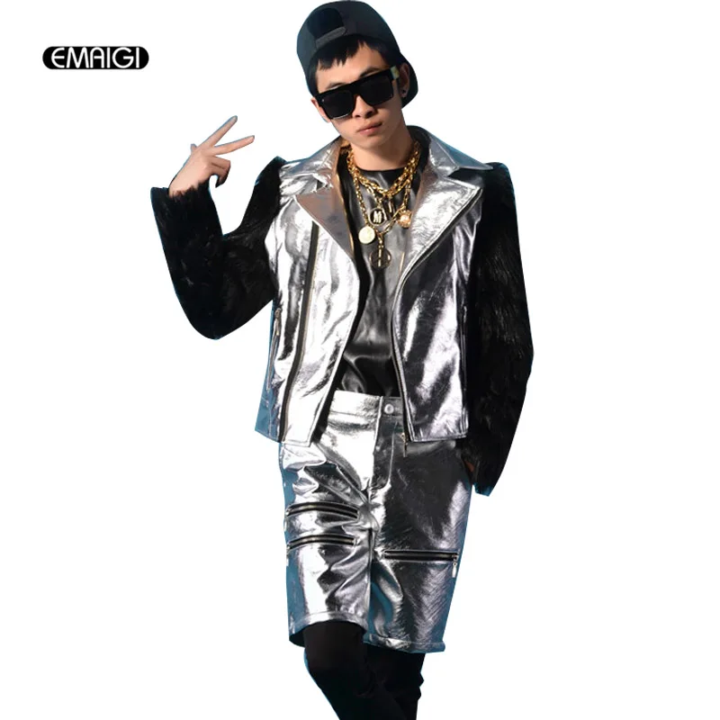 Men leather jacket singer DJ clothing stage costumes male hip hop fur ...