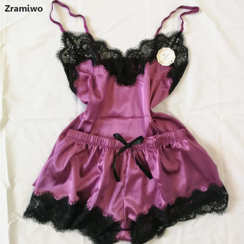 Women's Sleepwear Sexy Satin Pajama Set Black Lace V-Neck Pyjamas ...