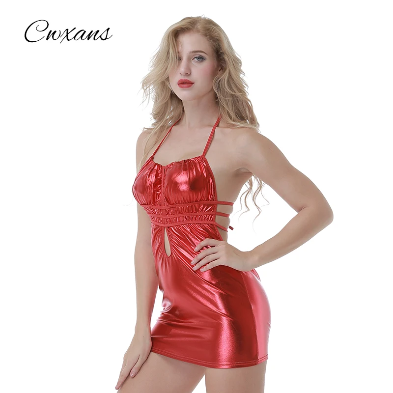Women Sexy Pu Leather Bandage Dress Erotic Leotard Costumes Mini Skirt