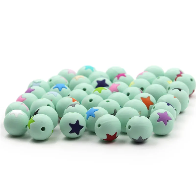 50pcs Star Silicone Round Beads Mint Green 15mm Baby Silicone Teething ...