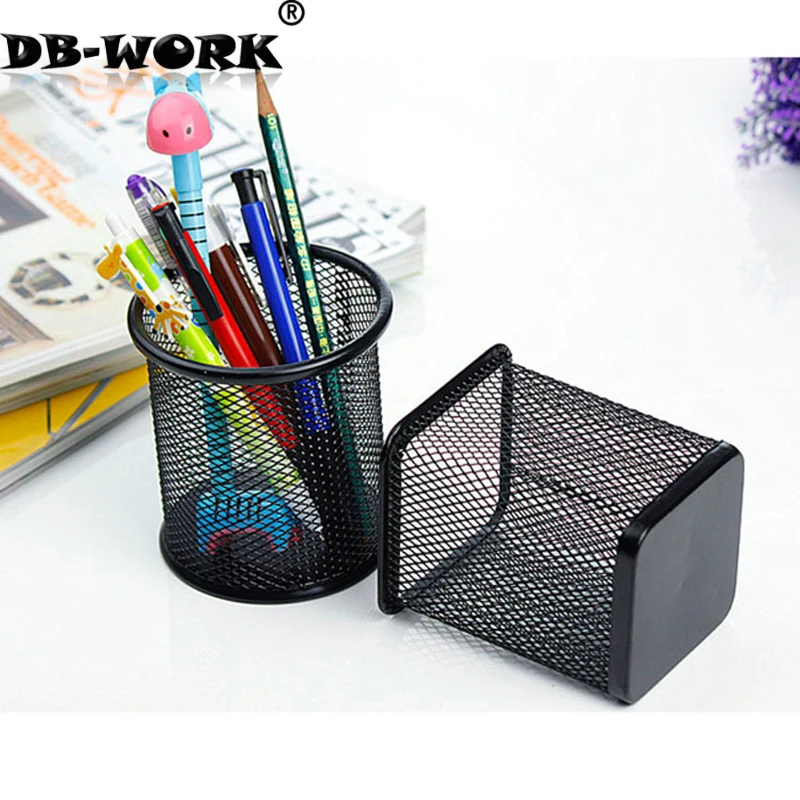 Rounded square iron mesh metal pen container office durable brush pot ...