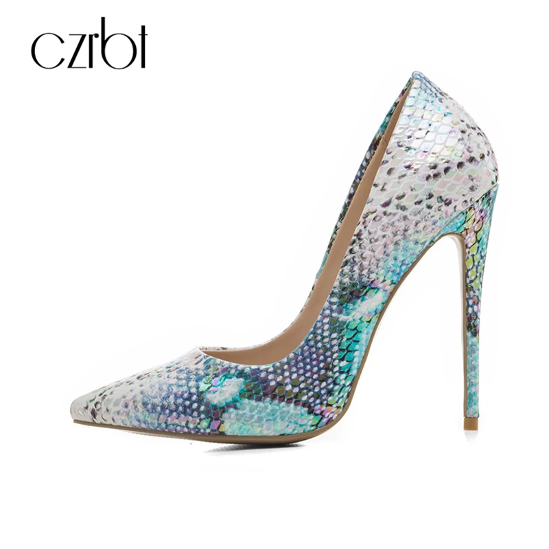 CZRBT Sexy Super High Heels 12 CM Thin Heel Pumps Mix Color Snake Skin ...