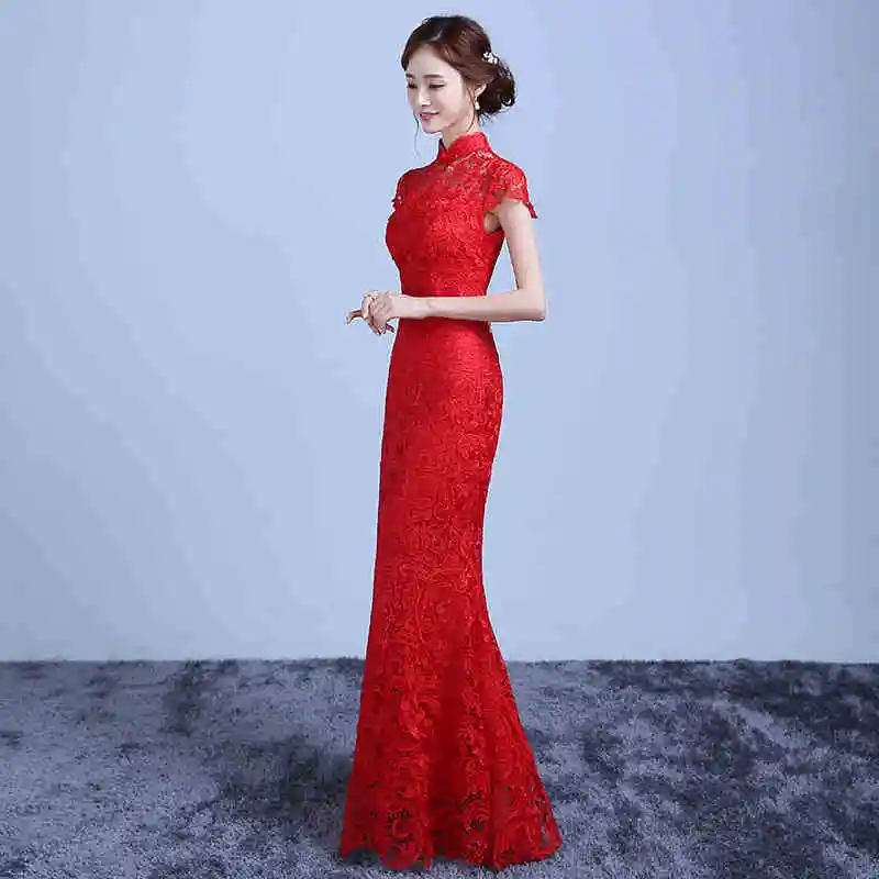 Red Lace Long Cheongsam Chinese Traditional Dress Women Modern Qipao ...