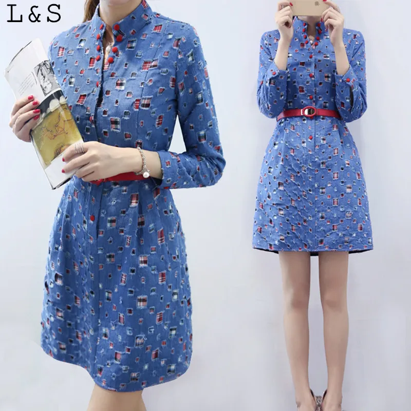 Dress Jeans Women 2015 Europe Autumn Sexy A Line Denim Blue Jean Dresses Female With Belt Long