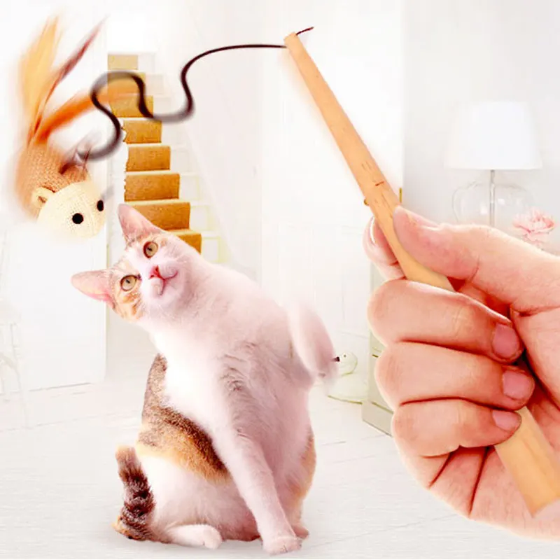Plush Toy Cat Stick Wooden Teaser Rod Wand Interactive Toys Pet ...