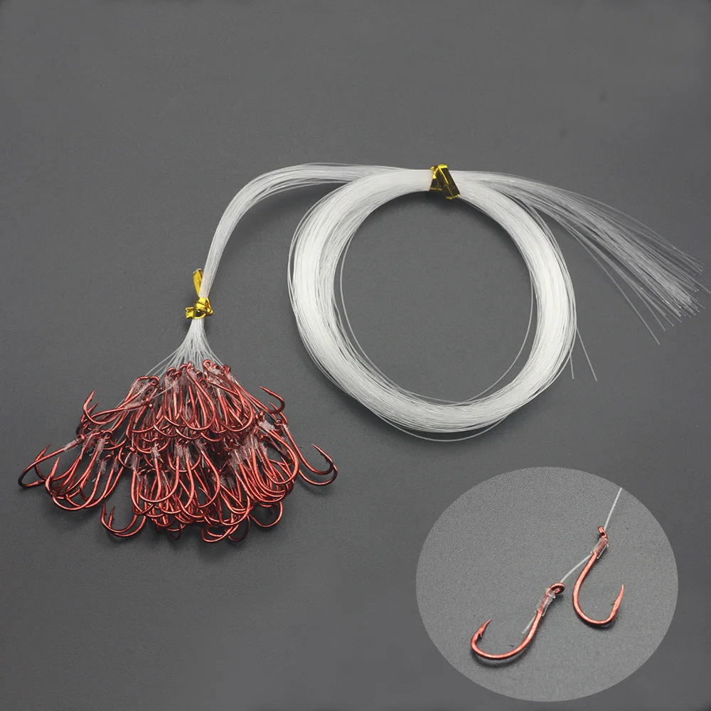 Rompin-50pcs-set-double-fishing-hooks-with-Line-for-string-hook-snelled ...