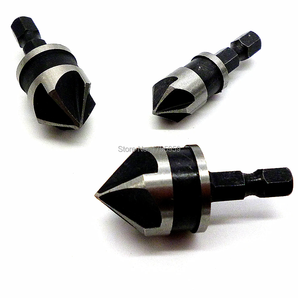 3pc 1/4 Hex Shank Countersink Drill Bit 5 Flute 90 Degree Woodworking ...