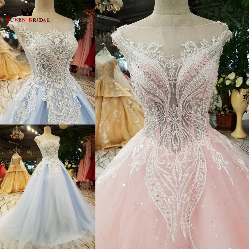 Ball Gown Fluffy Crystal Beaded Lace Luxury Pink Blue Evening Dresses