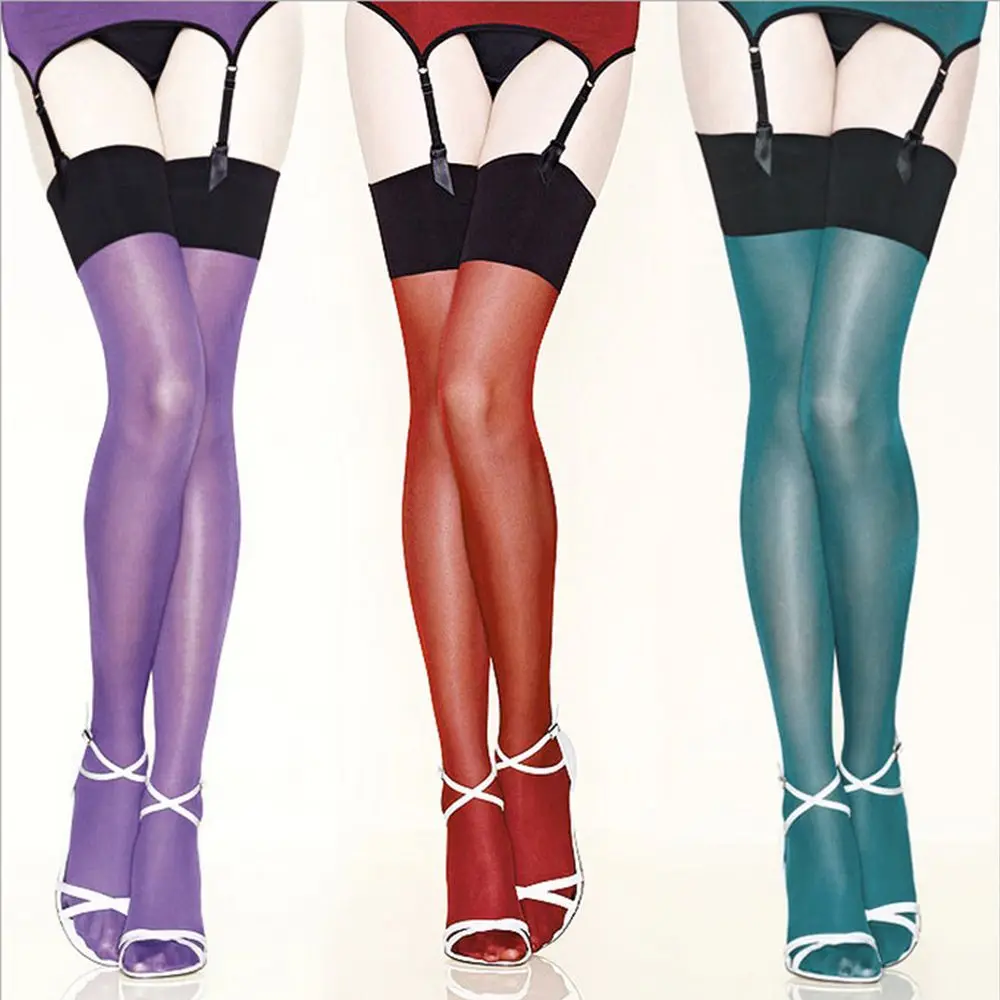 Sexy Erotic Porn Womens Contrast Color Shine Thigh High Stockings