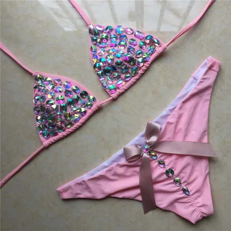 New Cute Pink Bow Bandage Crystal Diamond Bikinis Set Sexy Halter